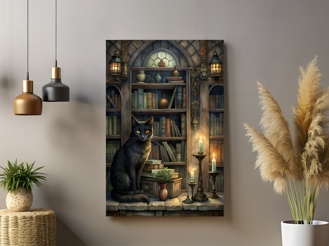 Black Cat in Library Gothic Home Decor, Dark Academia Wall Art Prints ...