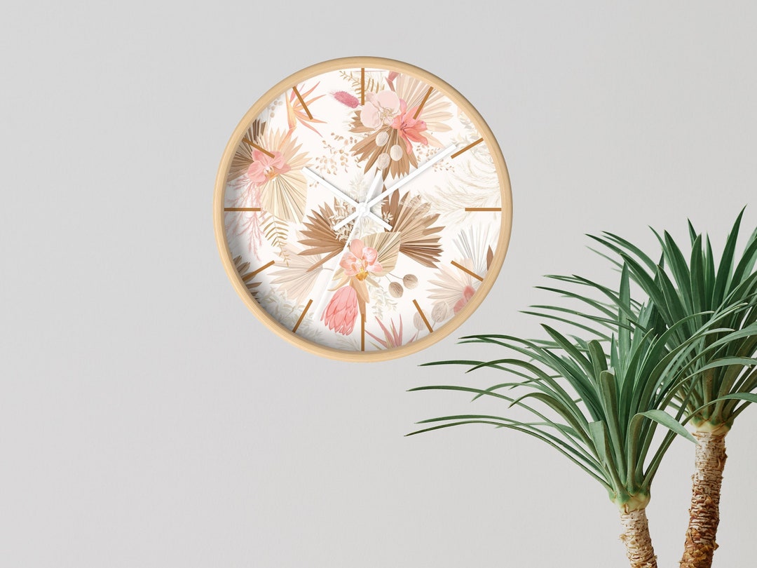 Boho Flowers Wall Clock, Minimalist Clock, Modern Living Room Wall ...