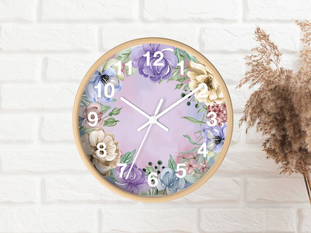 Purple Wall Clock With Numbers, Flower Wall Clock Living Room Wall ...