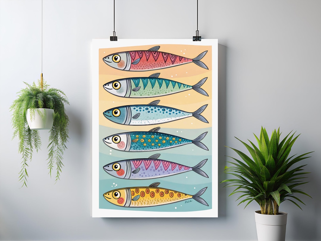 Cute Sardine Wall Art Print, Modern Nautical Fish Print Poster ...