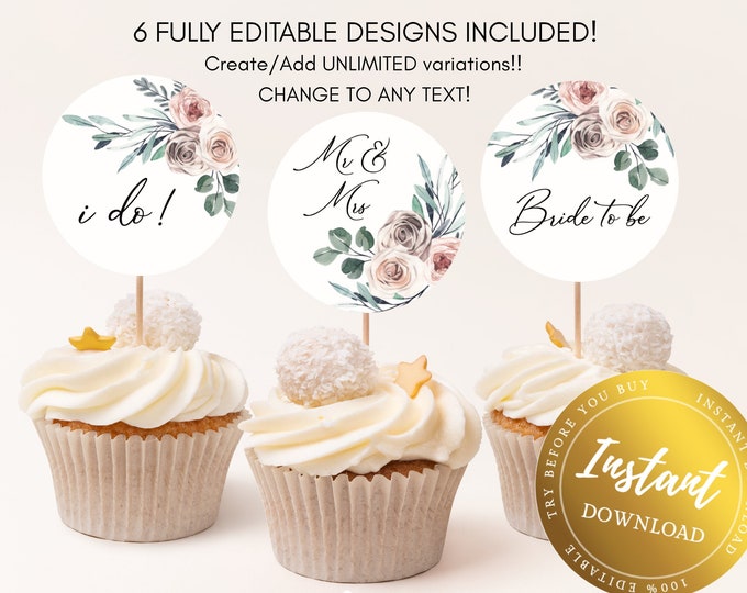 EDITABLE Boho Blush Cupcake Toppers, Party Decoration, Bridal Shower ...