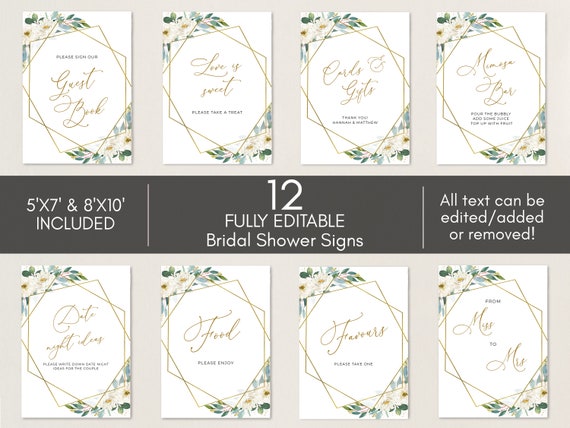 Editable Greenery Custom Sign Template White Roses Bridal - Etsy