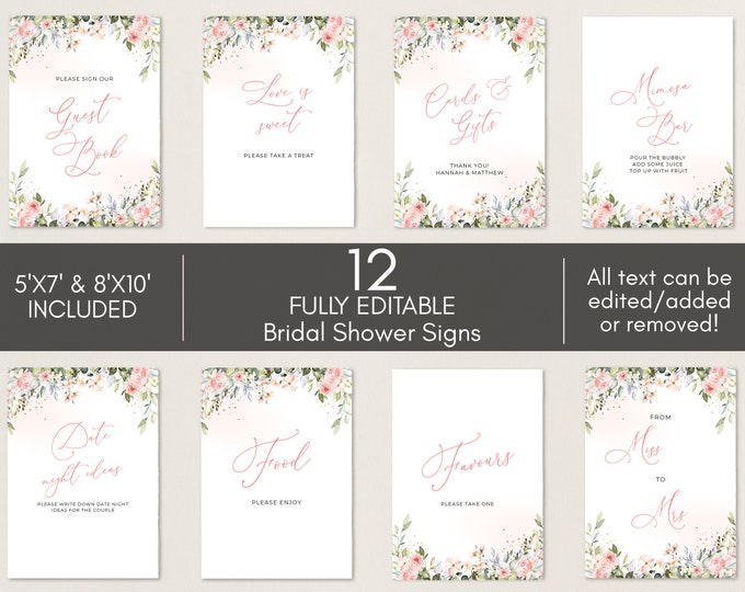 Editable Blush Roses Custom Sign Template, Pink Roses Bridal Shower ...