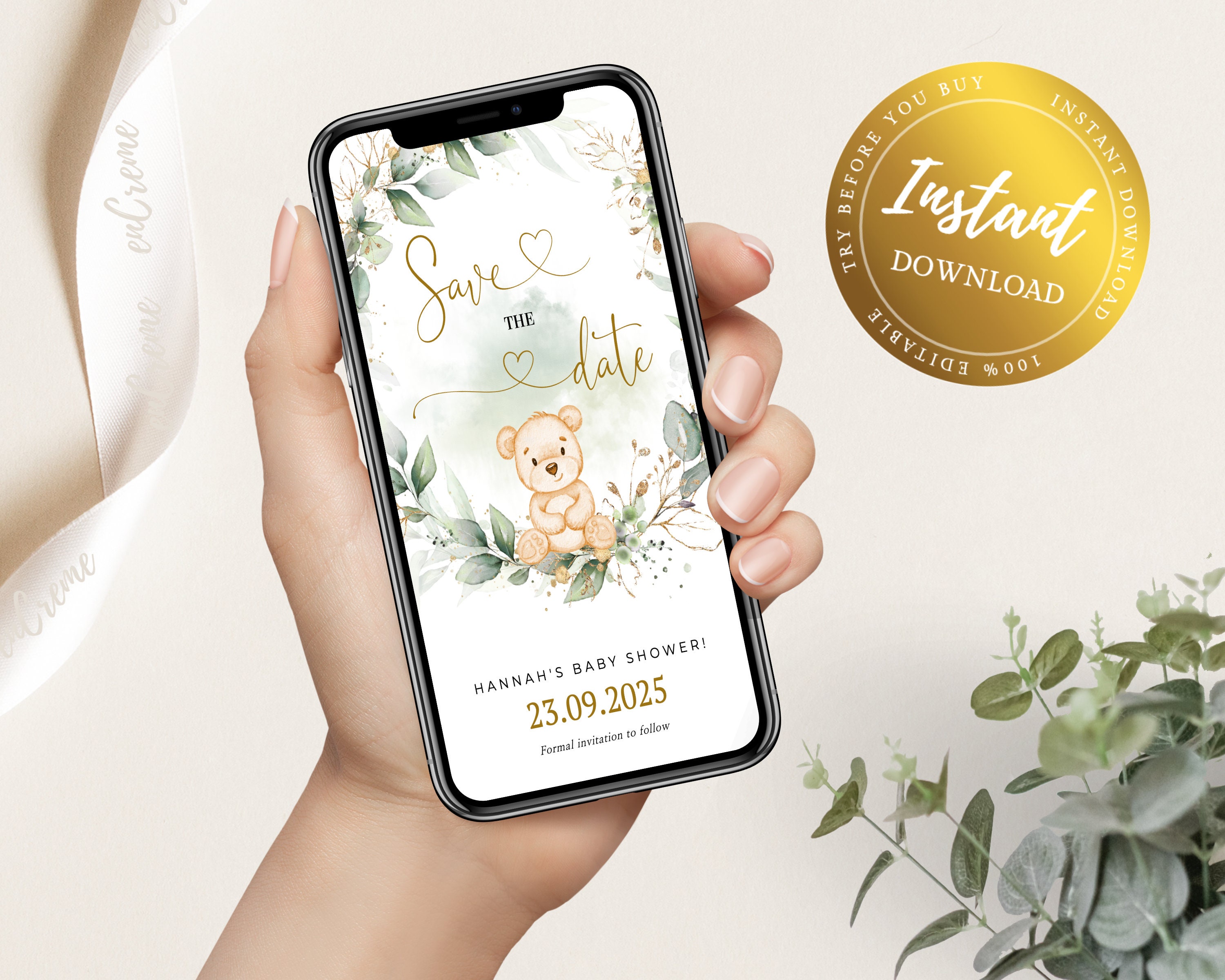 Teddy Bear Baby Shower Save The Date Template Greenery Baby Etsy UK