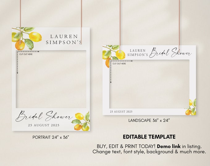 Editable Selfie Frame Bridal Shower, Lemons Theme, Personalised Booth ...