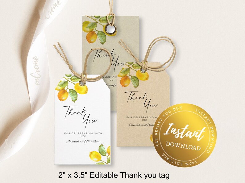 Editable Yellow Lemons Bridal Shower Thank You Tag Main - Etsy