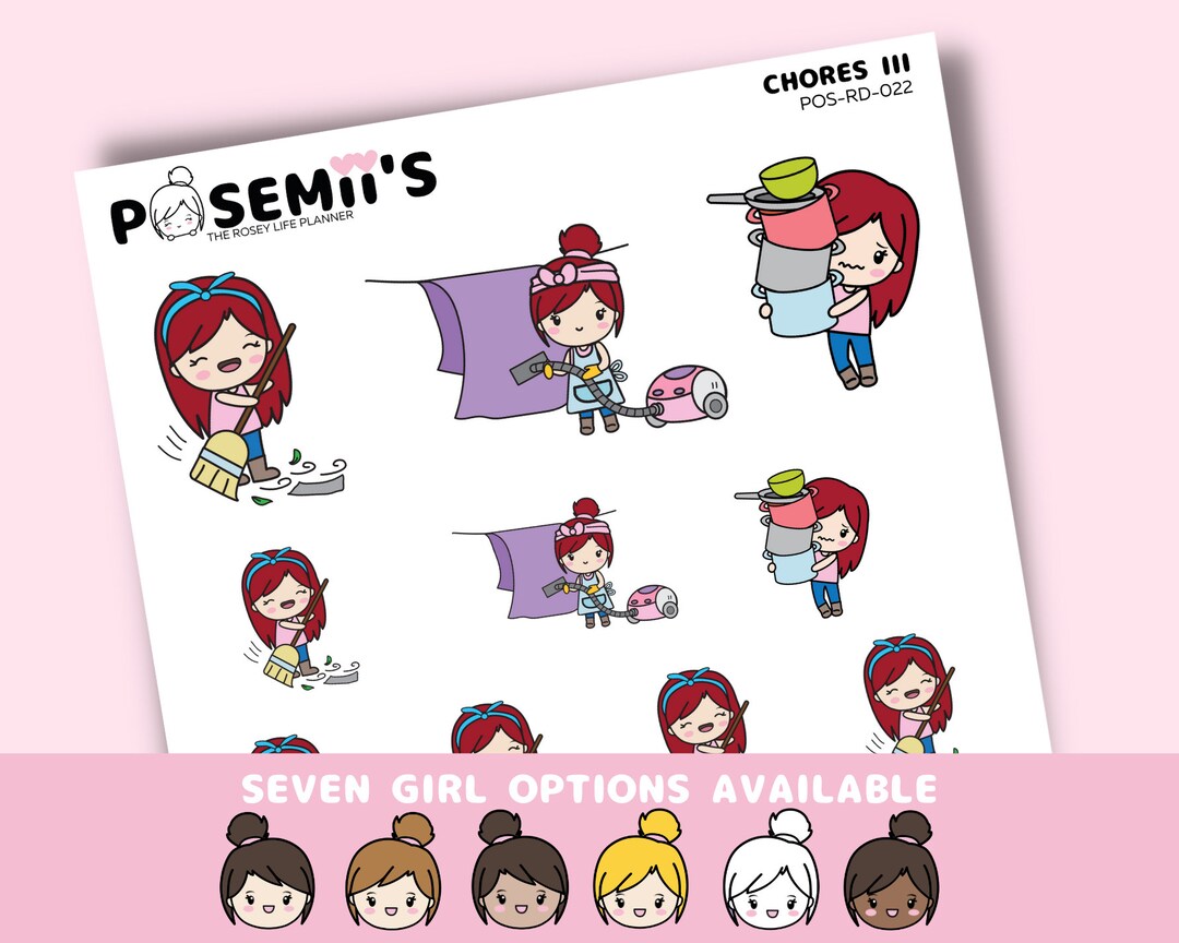 CHORES EMOTI GIRLS Pt. 3 | Kawaii Character Planner Stickers | for ...