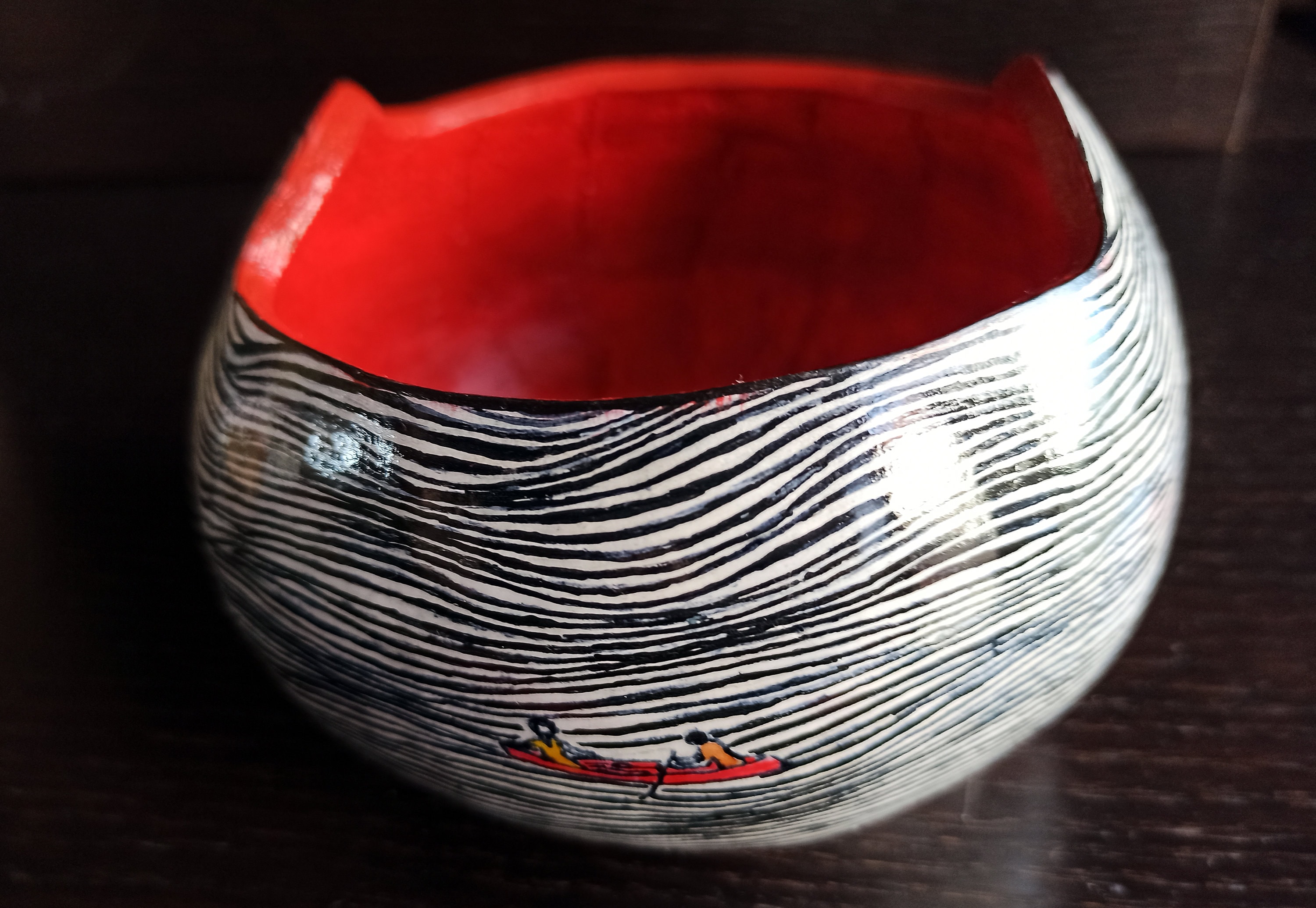 A Handmade Gourd Bowl Depicting ,with Indian Ink, Zentangle Waves and a ...