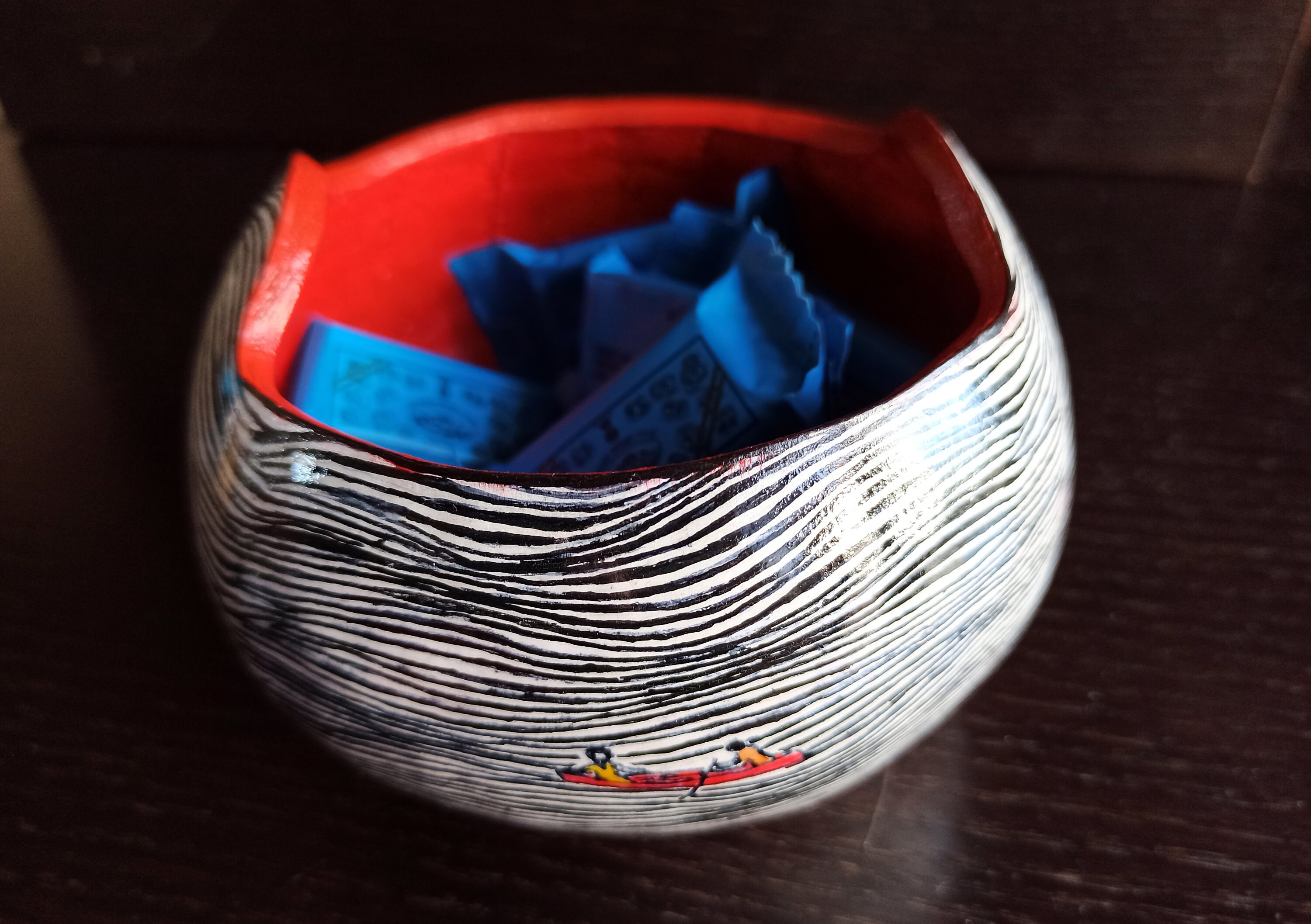 A Handmade Gourd Bowl Depicting ,with Indian Ink, Zentangle Waves and a ...