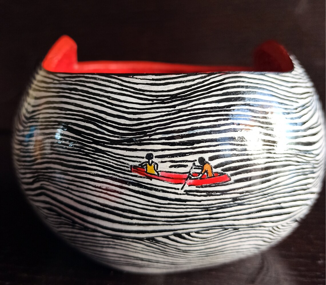 A Handmade Gourd Bowl Depicting ,with Indian Ink, Zentangle Waves and a ...