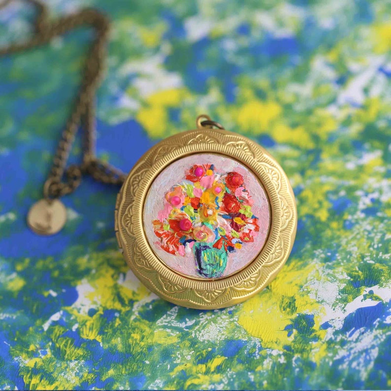 Hand Painted Flower Art Locket Necklace With Photo,custom Initial ...