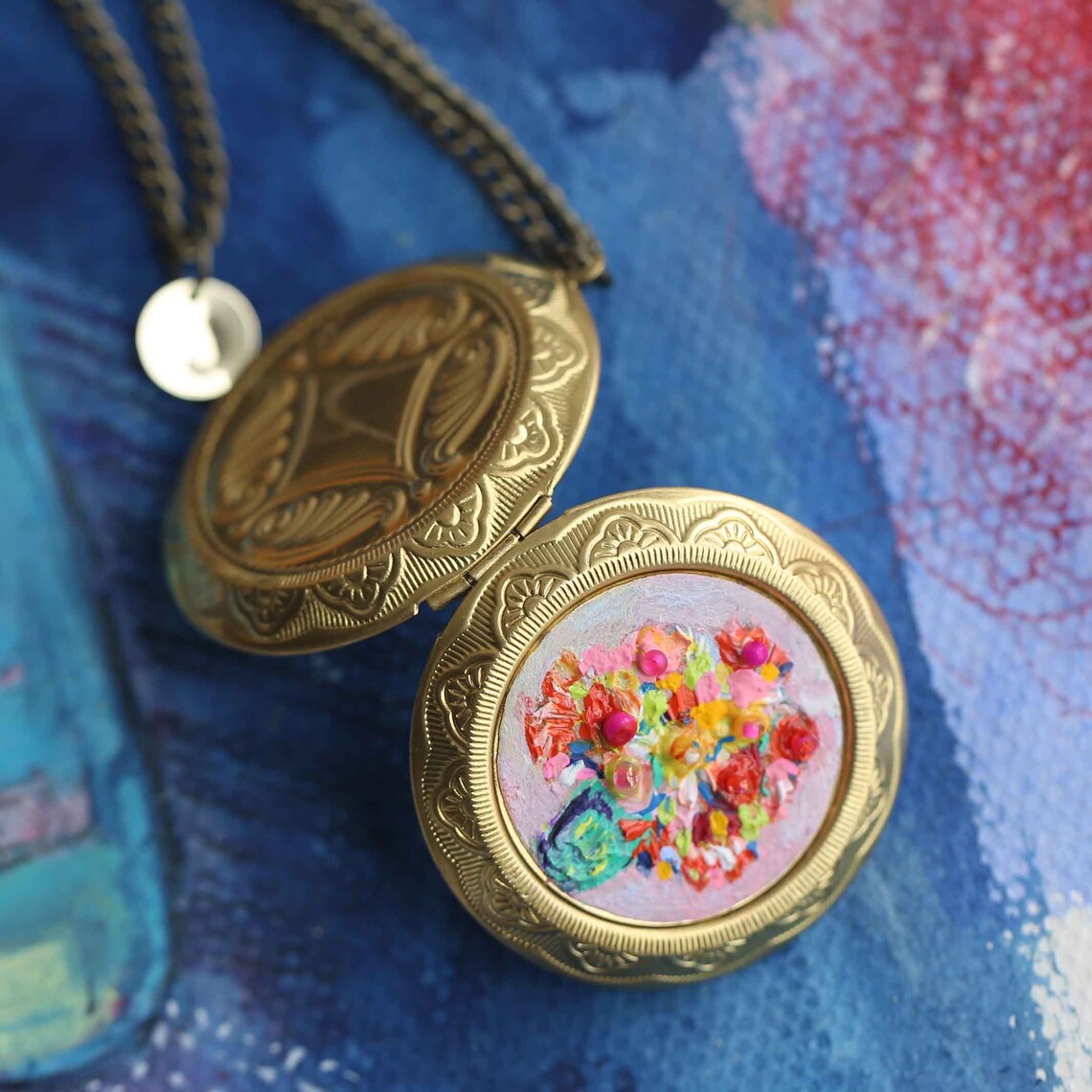 Hand Painted Flower Art Locket Necklace With Photo,custom Initial ...