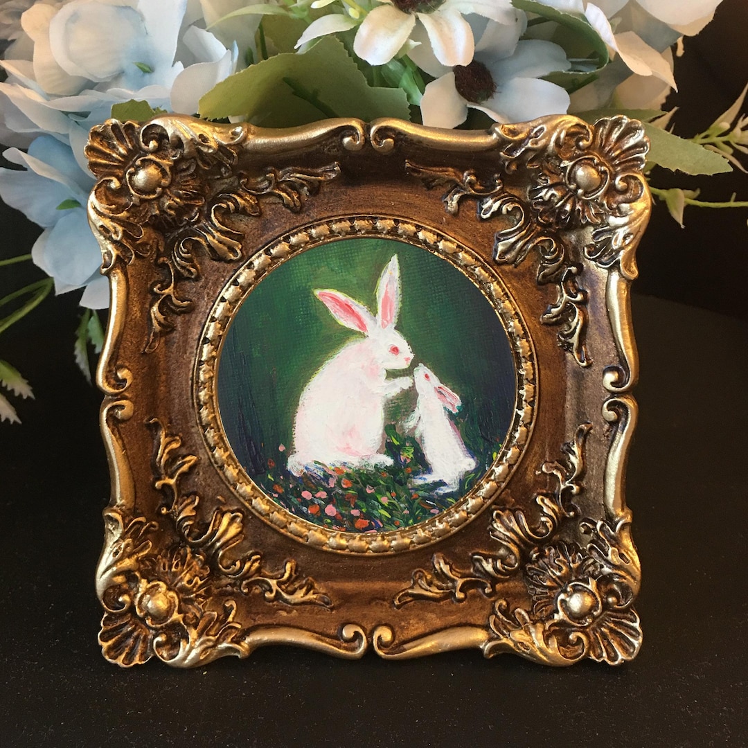 Original Hand Painted Two White Rabbit Painting: Framed Mini Pet Art - Etsy