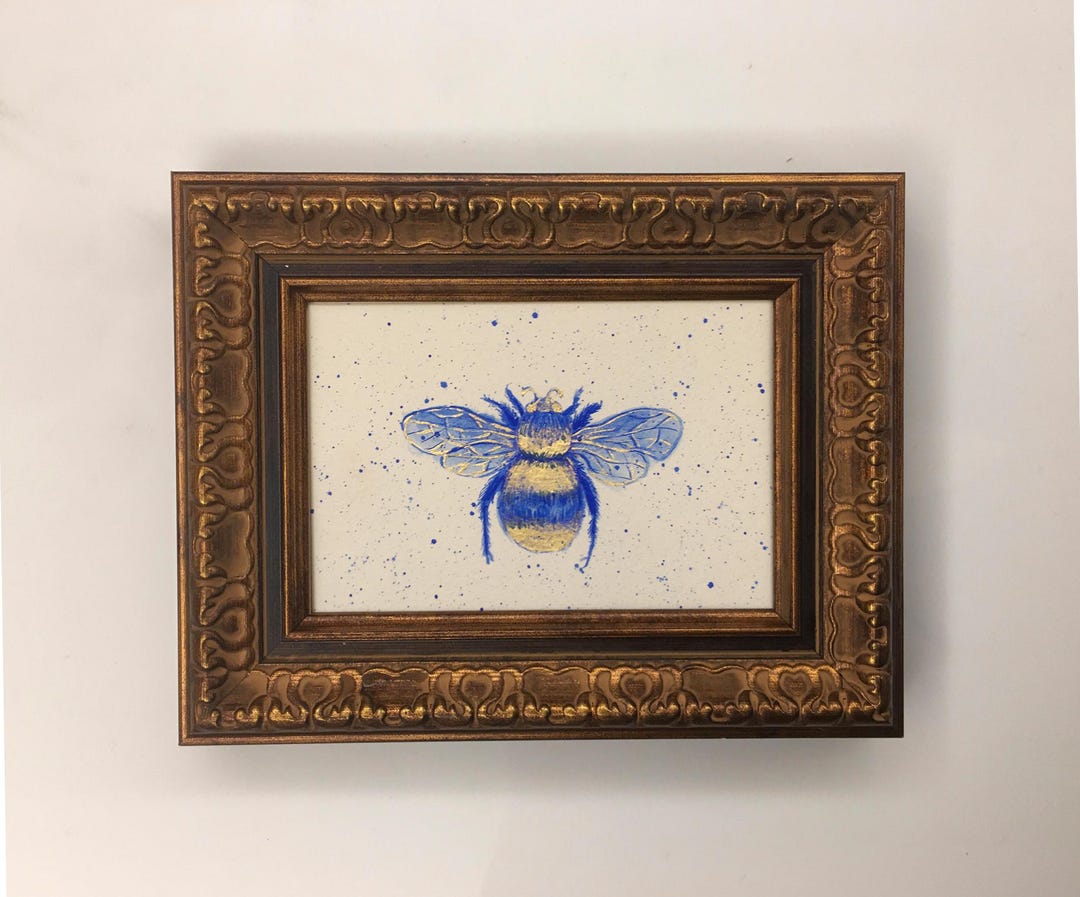 Original Hand Painted Bee Art: Small Framed Blue and White Bee Painting ...