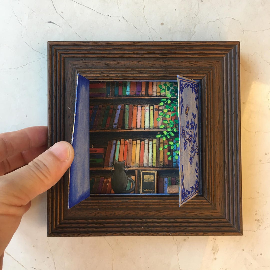 Custom Hand Painted Bookshelf Art: Cat & Books - Framed Mini Wall Decor ...