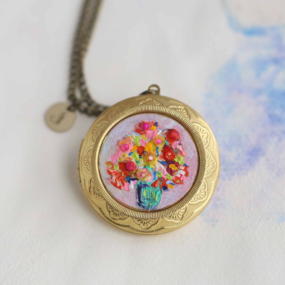 Hand Painted Flower Art Locket Necklace With Photo,custom Initial ...