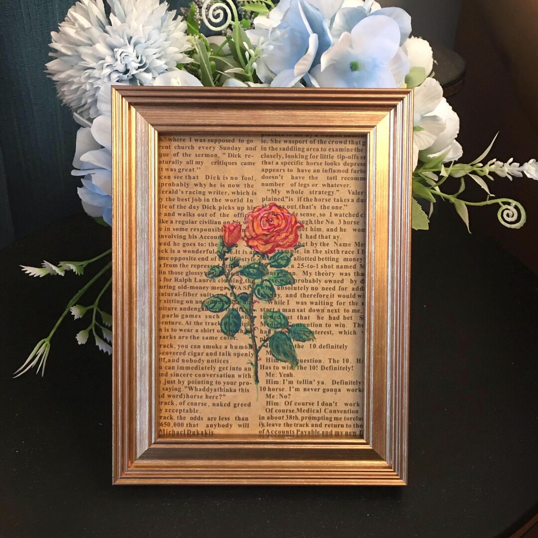 Original Handpainted Newspaper Red Rose Art,framed Mini Flower Painting ...