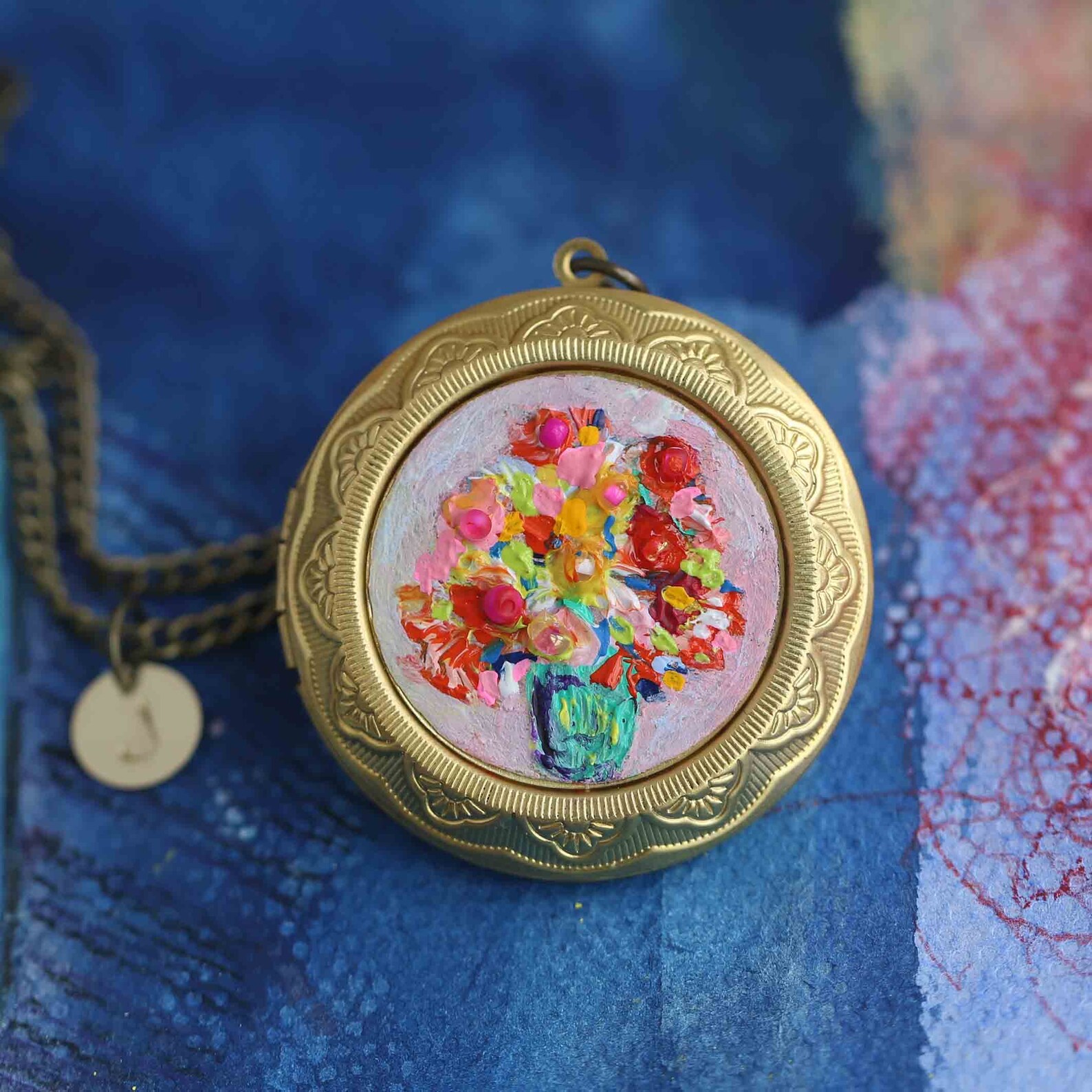Hand Painted Flower Art Locket Necklace With Photo,custom Initial ...