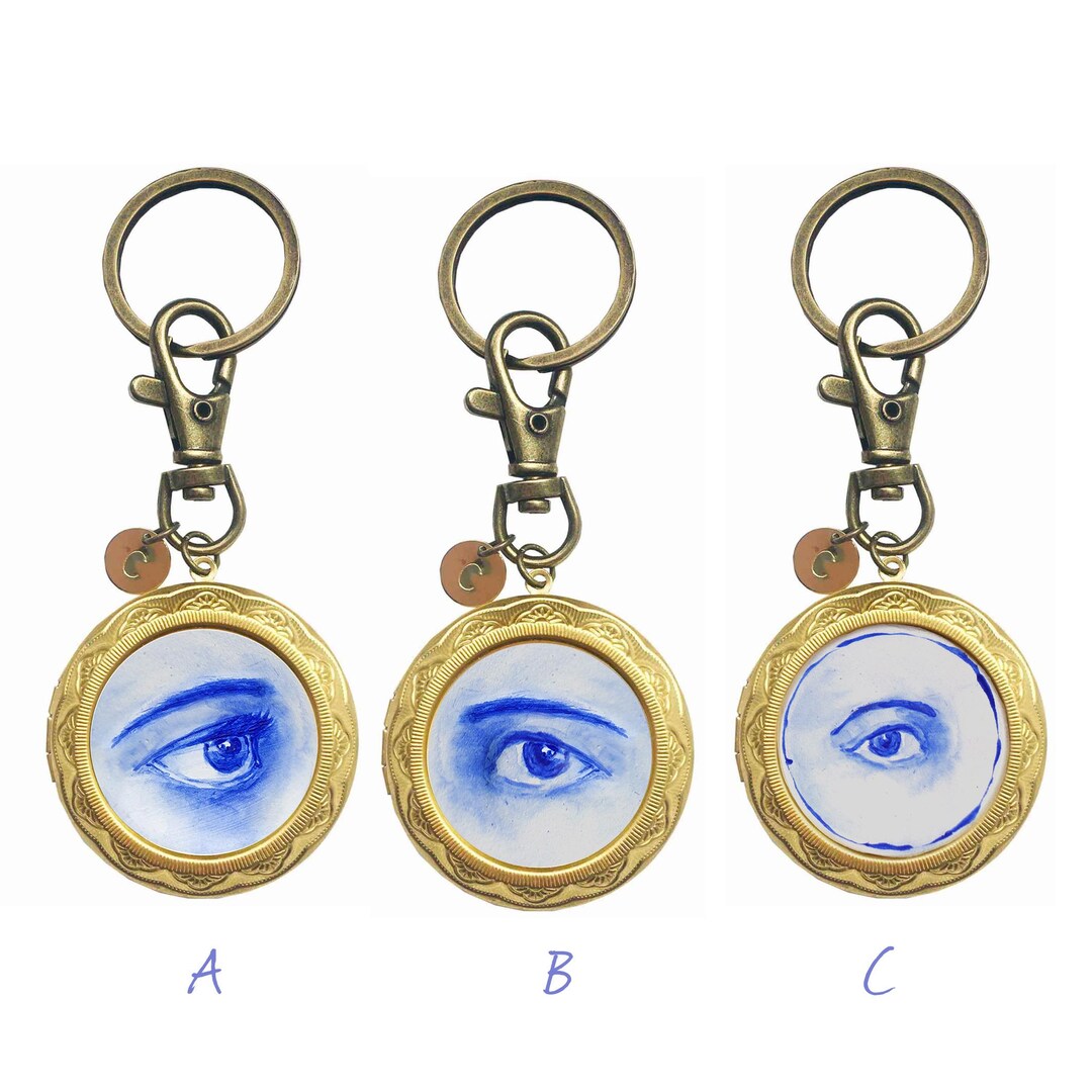 Handpainted Lovers Eye Locket Keychain,blue and White Jewelry,weeding ...