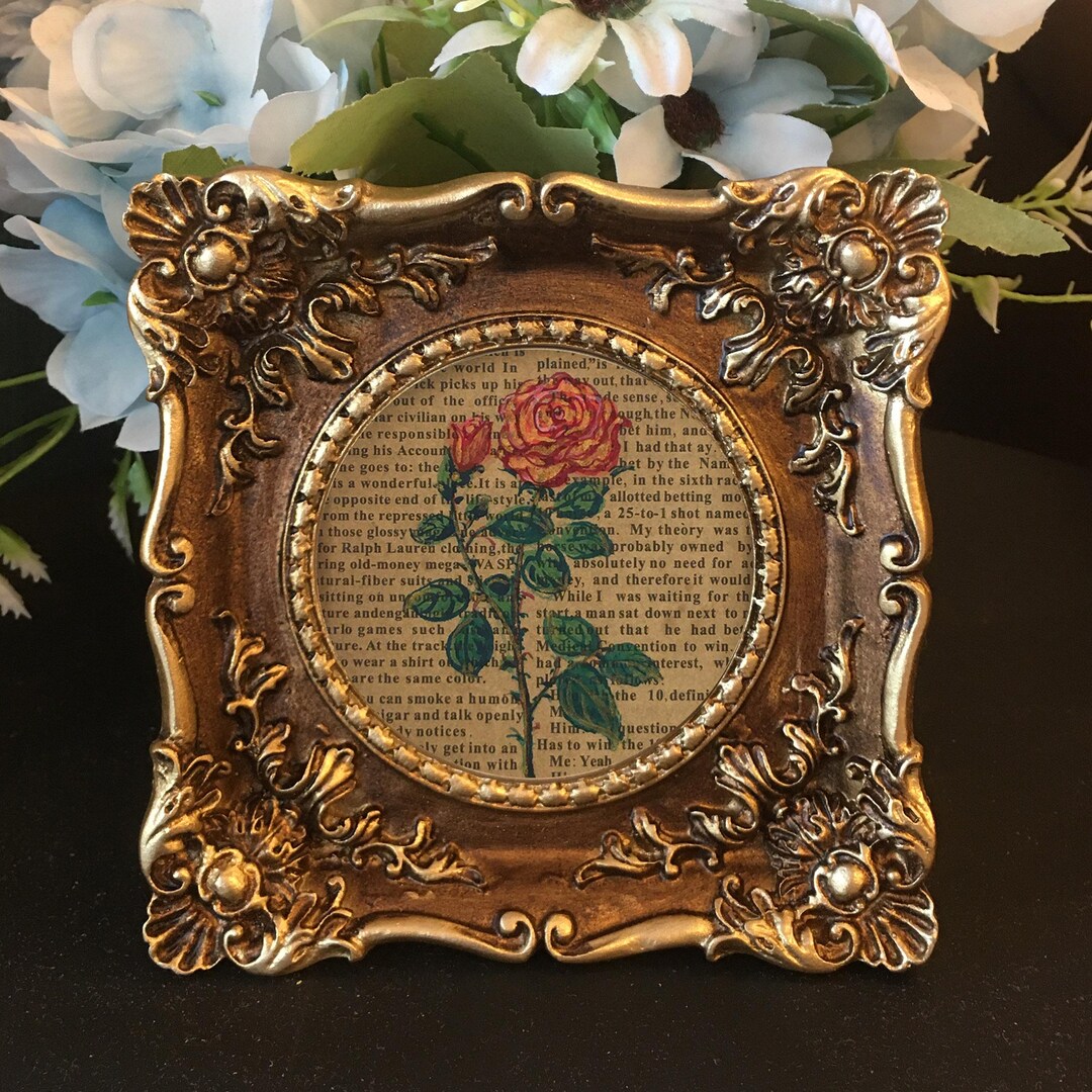 Original Hand Painted Rose Newspaper Art :framed Floral Mini Painting ...