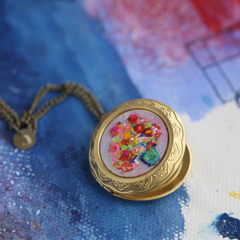 Hand Painted Flower Art Locket Necklace With Photo,custom Initial ...