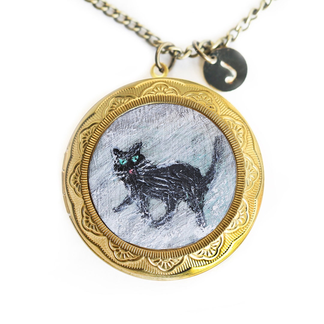Hand Painted Black Cat in Snow Small Art Locket Necklace With Photo ...