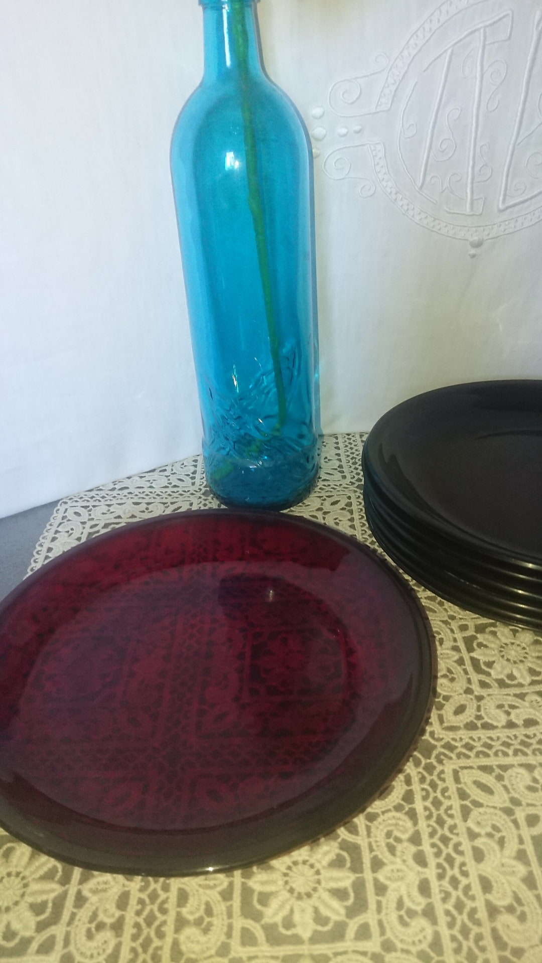 Red Flat Plates Glass France 70'S / Table Art Retro Decoration / Set of ...