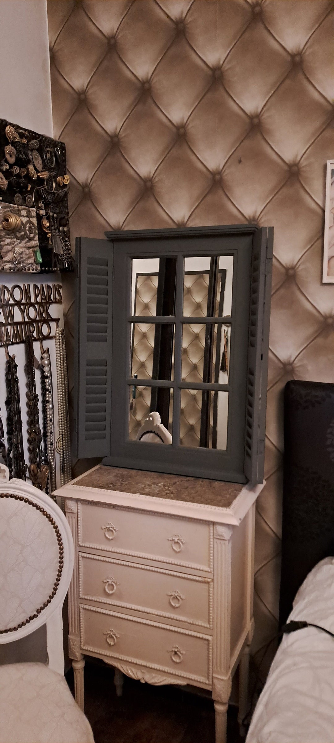 Trompe L'oeil Shutter Mirror in Dark Gray Wood 1990 / Wall Decoration ...
