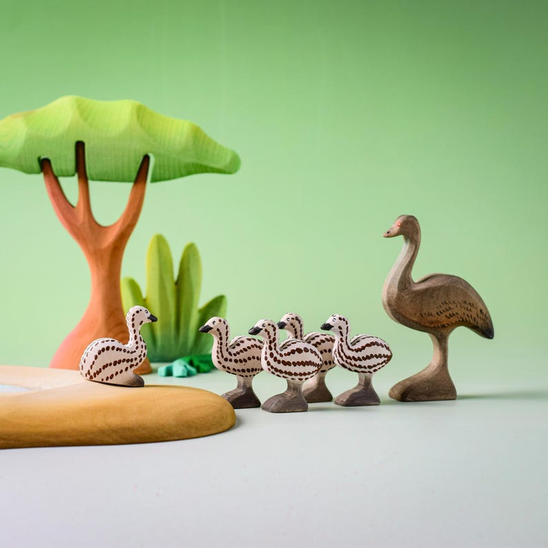 Emu Family Set | Montessori-inspired Wooden Figures | Handcrafted ...