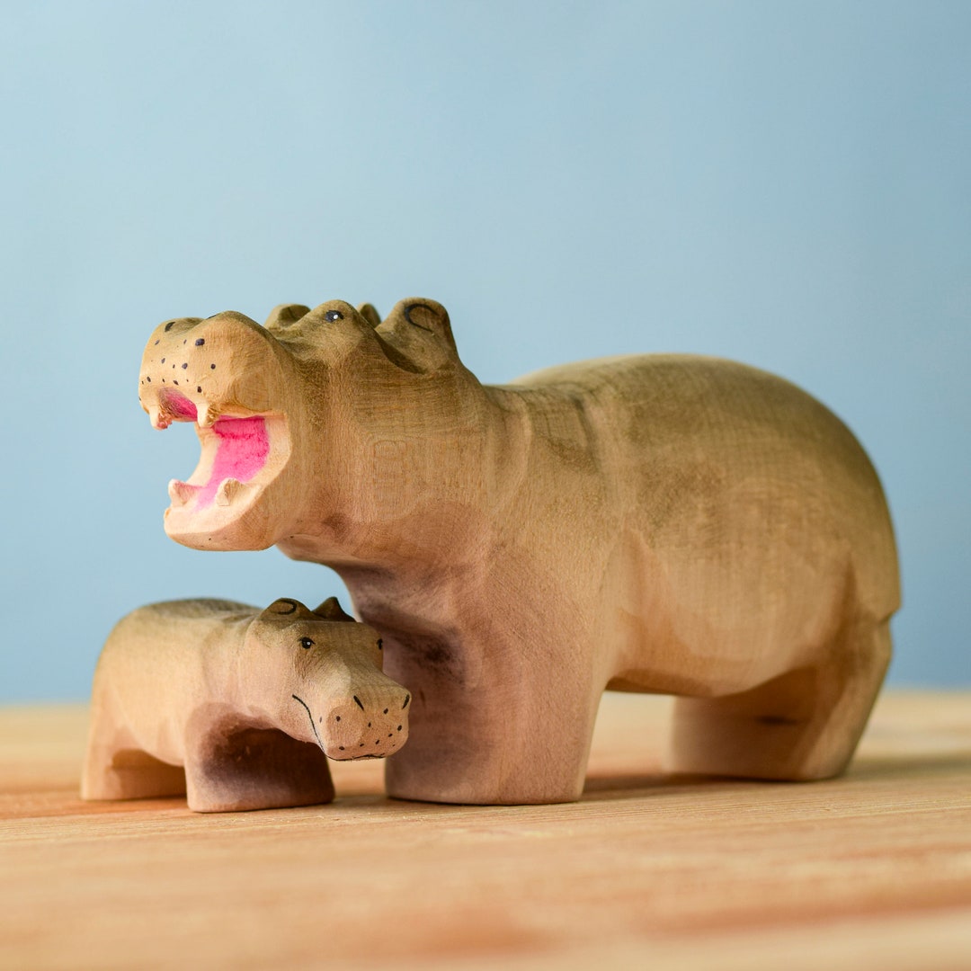 Wooden Hippo Set | Handmade Waldorf & Montessori Inspired Jungle Animal ...