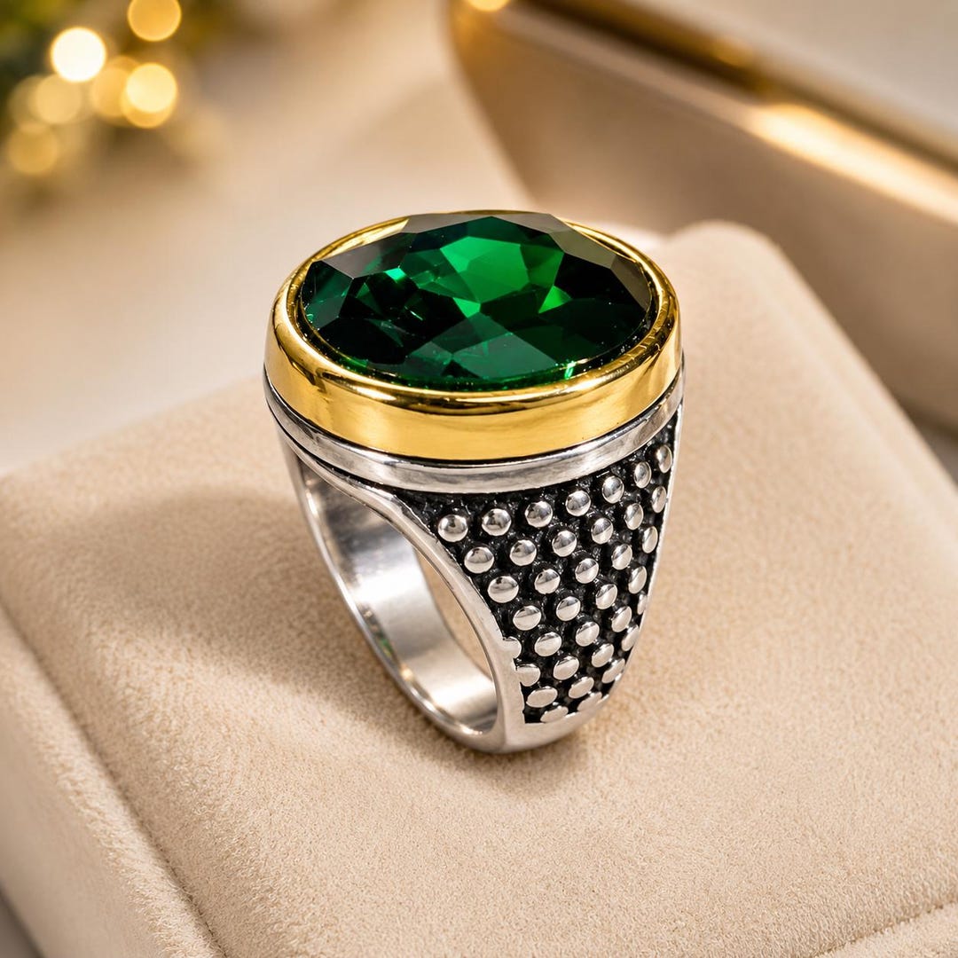 925 Silver Mens Ring, Green Zircon Statement Ring, Textured Dots Punk ...