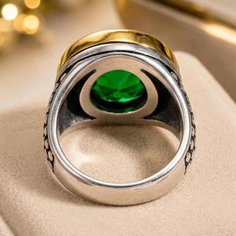 925 Silver Mens Ring, Green Zircon Statement Ring, Textured Dots Punk ...