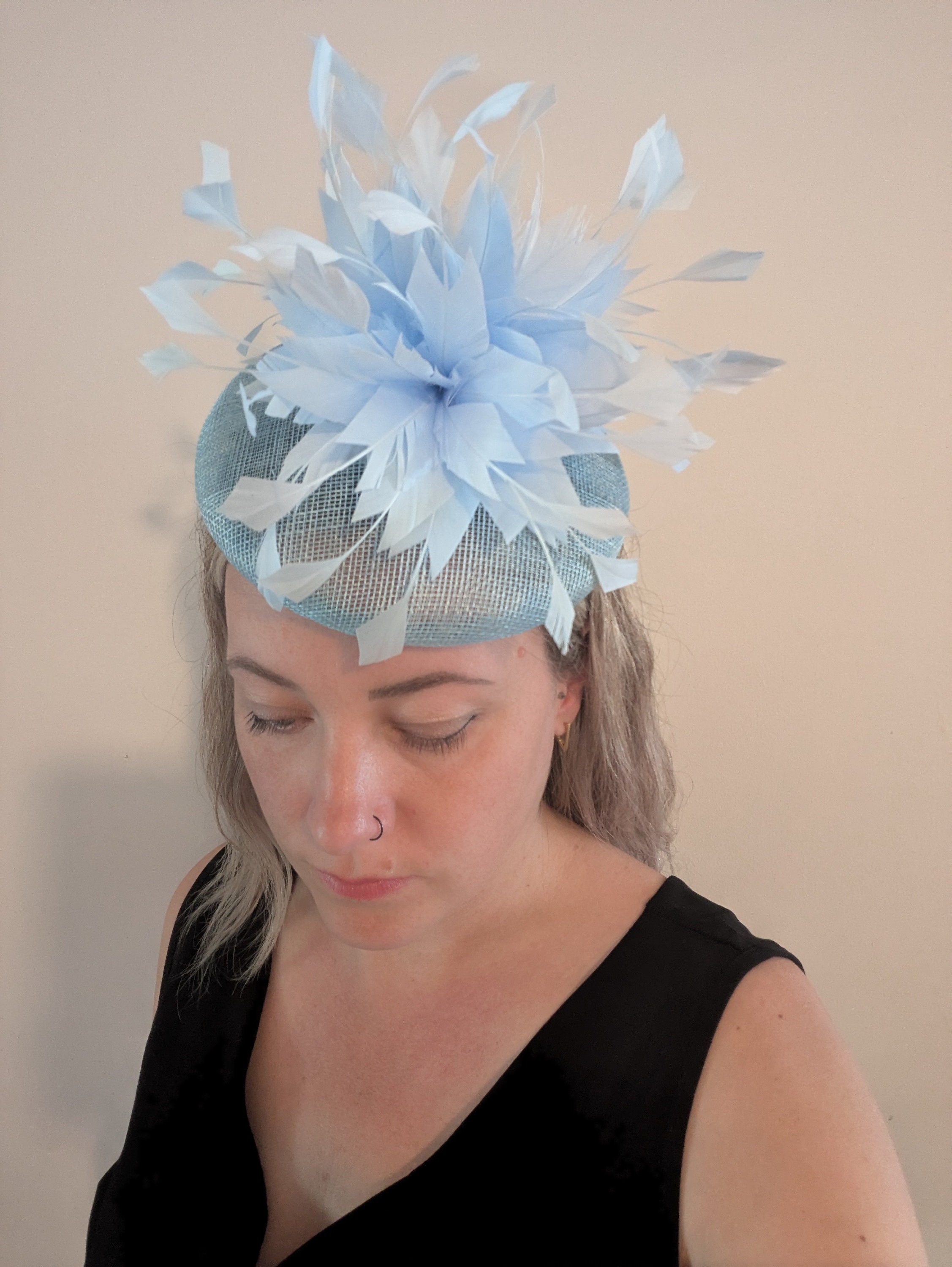 Large Light Blue Coloured Button Fascinator With Matching Feathers ...