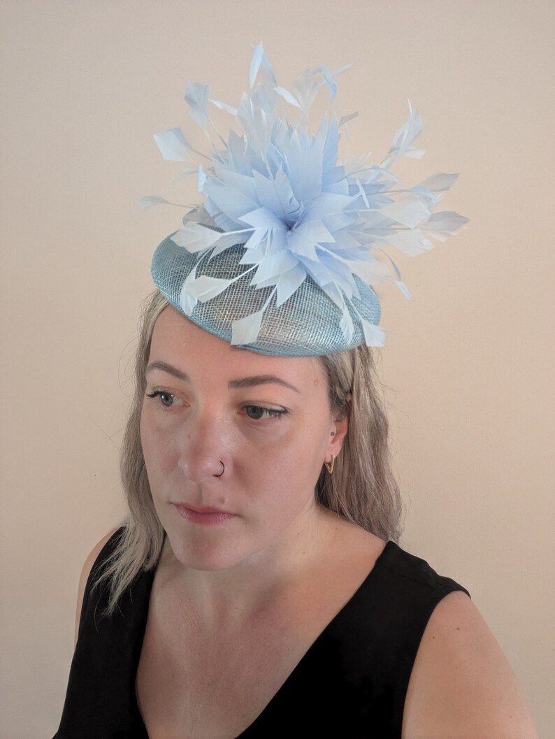 Large Light Blue Coloured Button Fascinator With Matching Feathers ...
