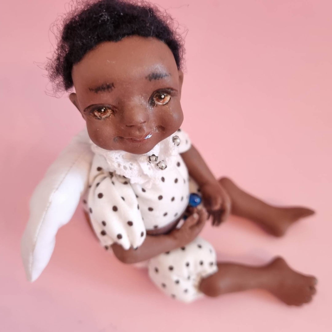 Christmas Angel Doll Handmade Baby Doll OOAK Doll Angel Figurine Black ...