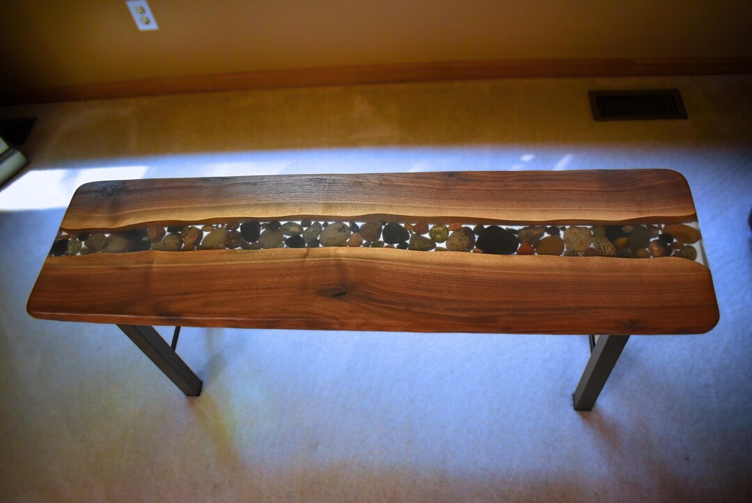 Handmade Walnut Bench: Epoxy River With Petoskey Stones - Etsy
