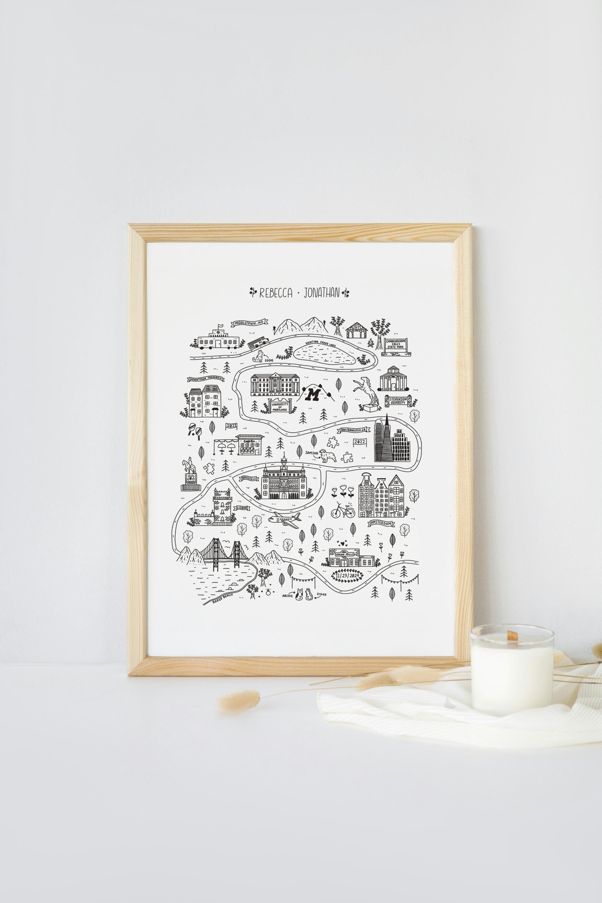 Hand-drawn Custom Couples Map - PHYSICAL and DIGITAL Print ...