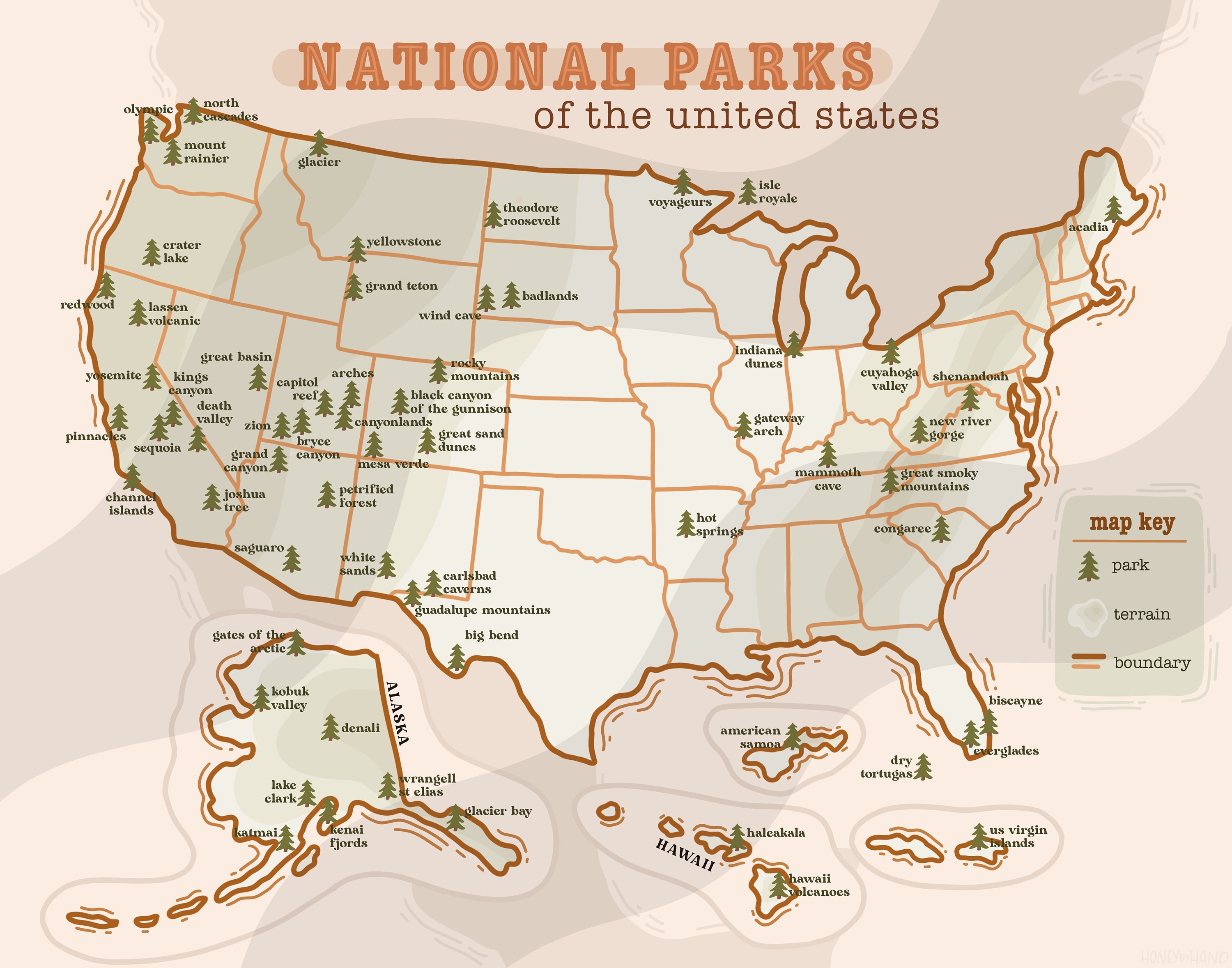 Mapa de Parques Nacionales Póster de Parques Nacionales de - Etsy México
