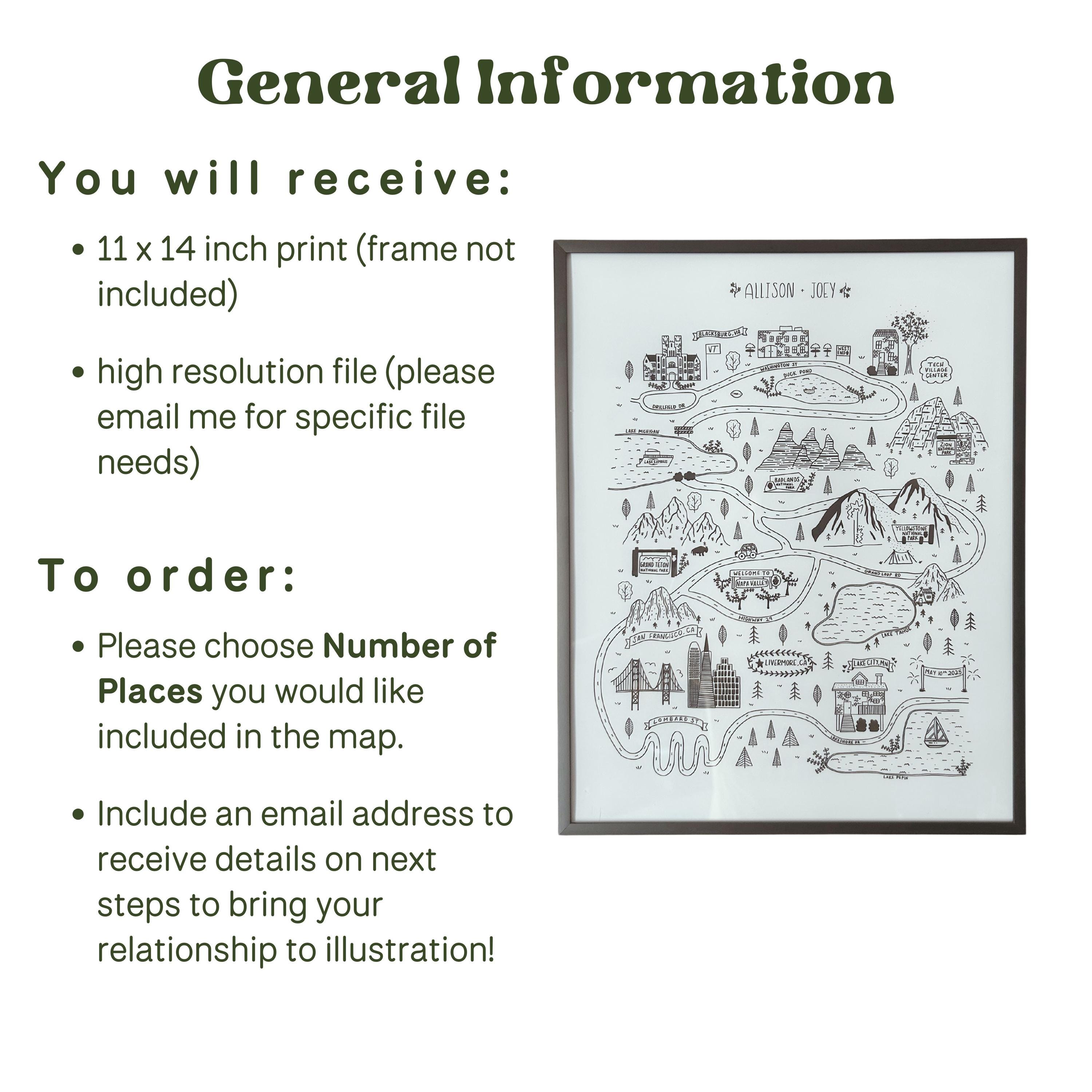 Hand-drawn Custom Couples Map - PHYSICAL and DIGITAL Print ...
