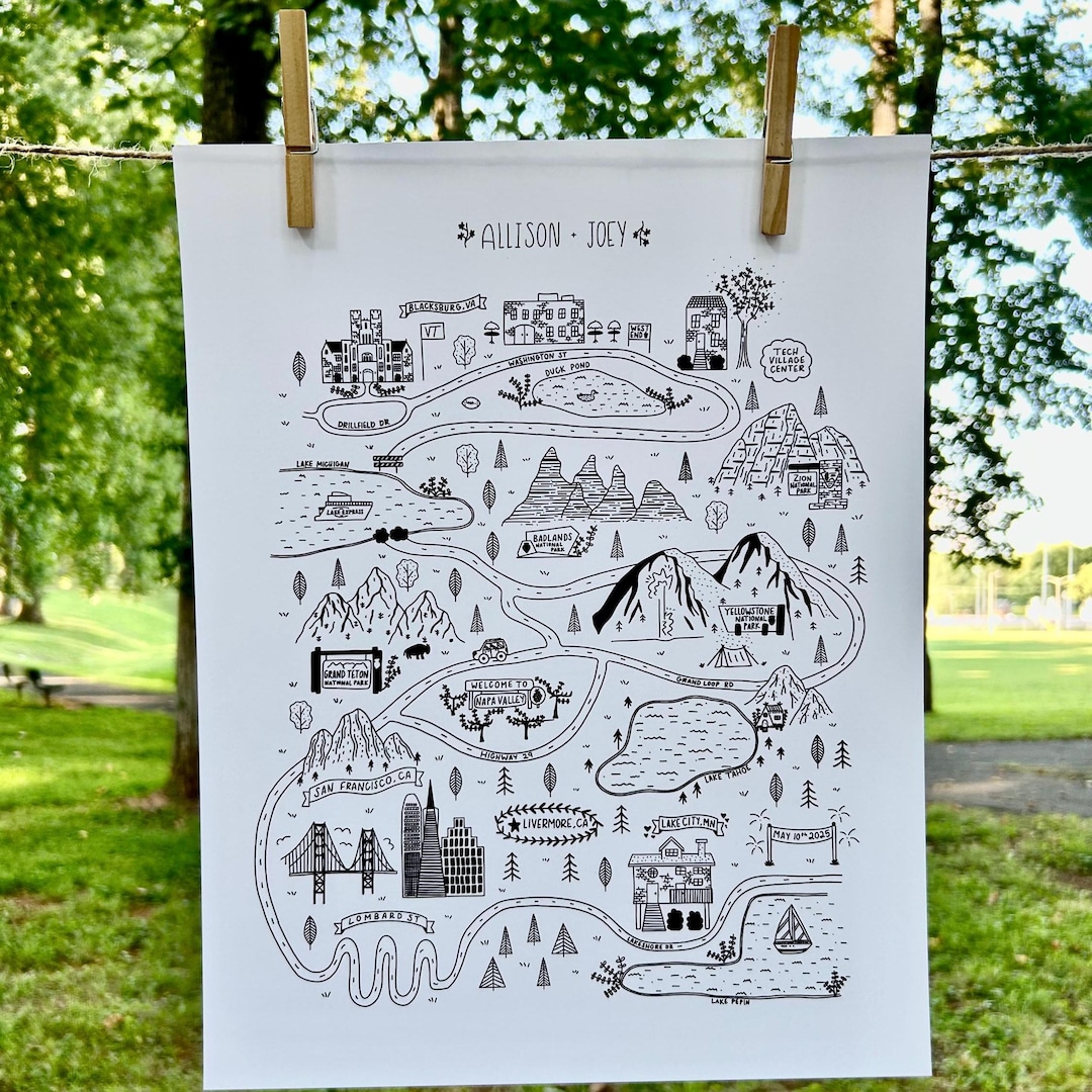 Hand-drawn Custom Couples Map - PHYSICAL and DIGITAL Print ...