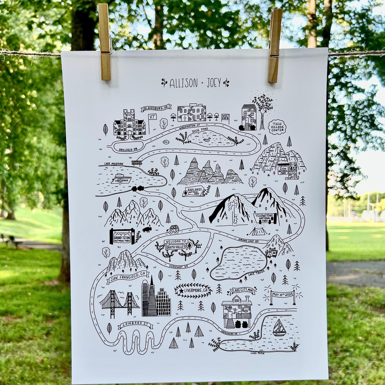 Hand-drawn Custom Couples Map - PHYSICAL and DIGITAL Print ...