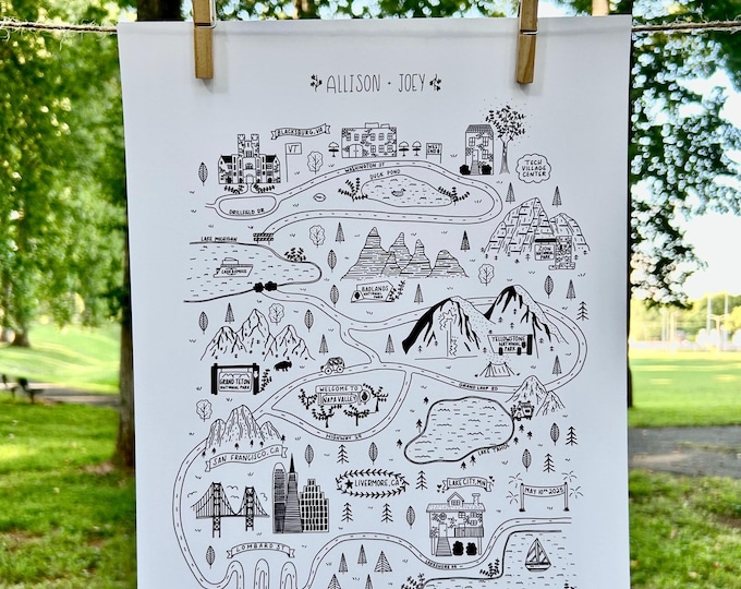 Hand-drawn Custom Couples Map - PHYSICAL and DIGITAL Print - Couple Map ...