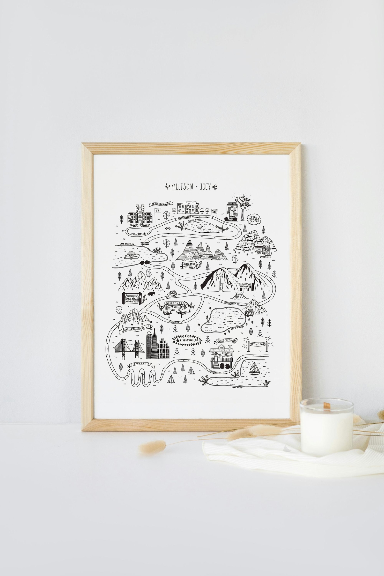 Hand-drawn Custom Couples Map - PHYSICAL and DIGITAL Print ...
