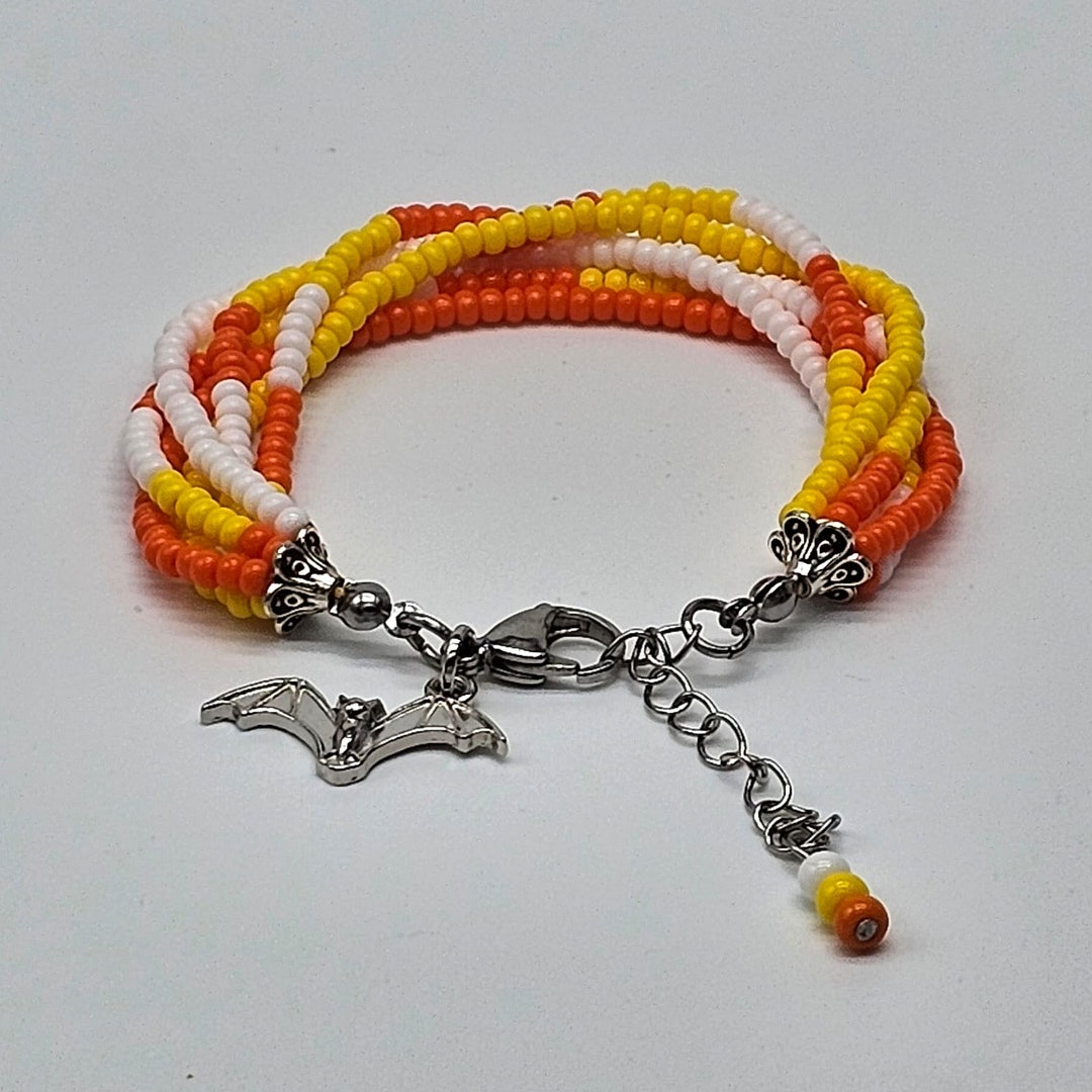Candy Corn Seed Beed Bracelet With Bat Charm. Handmade - Etsy