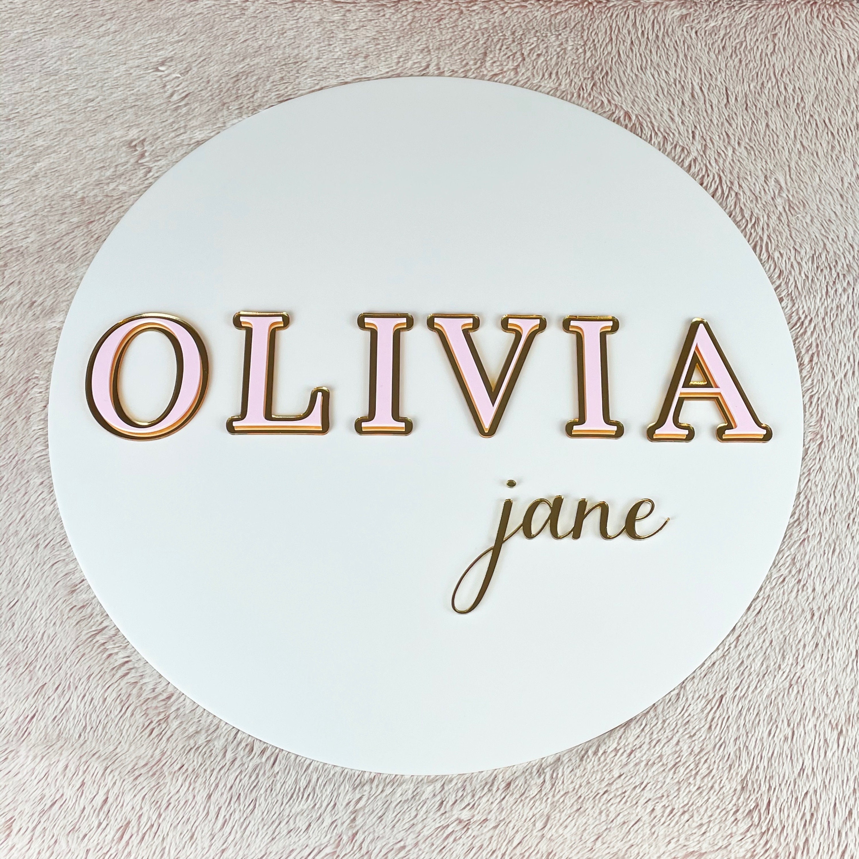 18" Round Acrylic Nursery Baby Name Sign - Pink and Gold Laser Cut Baby ...