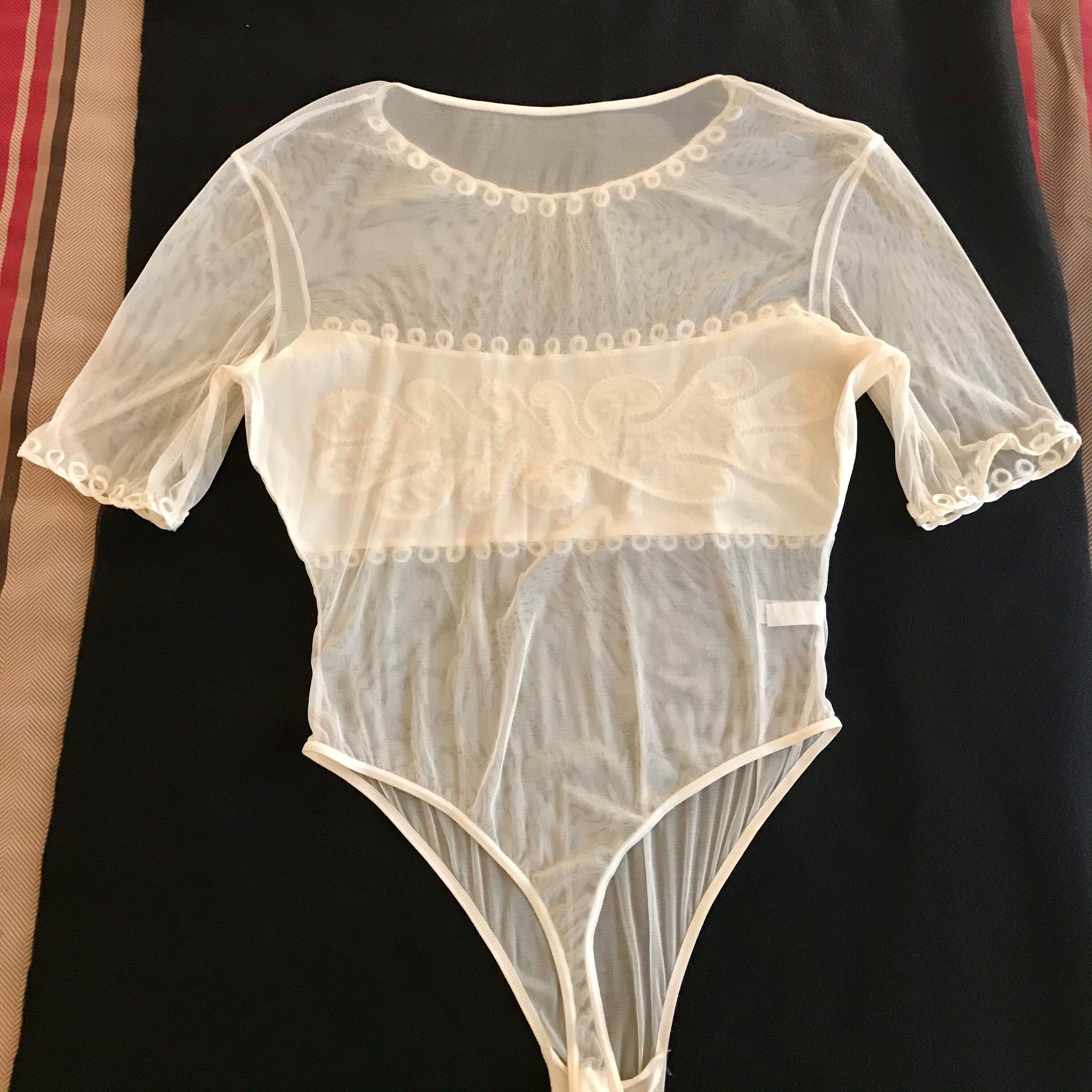 Sheer Teddy Body Suit With Snap Bottom, Ivory Net With Pearl ...