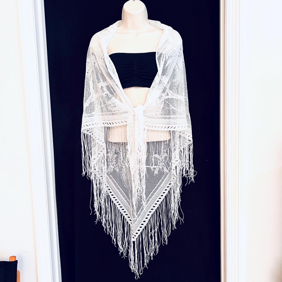 70s Lace Shawl, Hippie Boho, White Vintage Triangle Fringe Gypsy Shawl ...