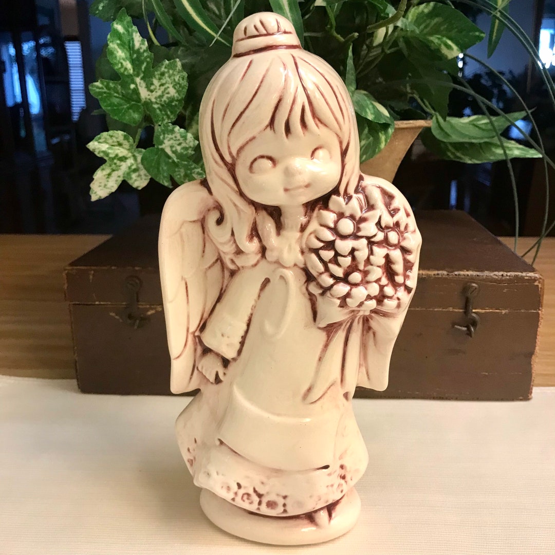 60s Ceramic Angel Statue, Flower Bouquet, Off-white Rubbed Accents - Etsy