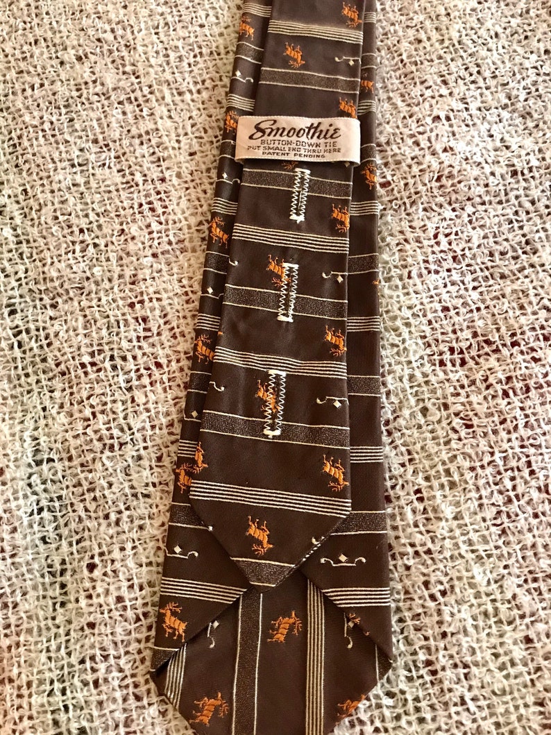 50s Tie, Brown Moose Embroidered Necktie, Short Skinny Tie, Smoothie ...