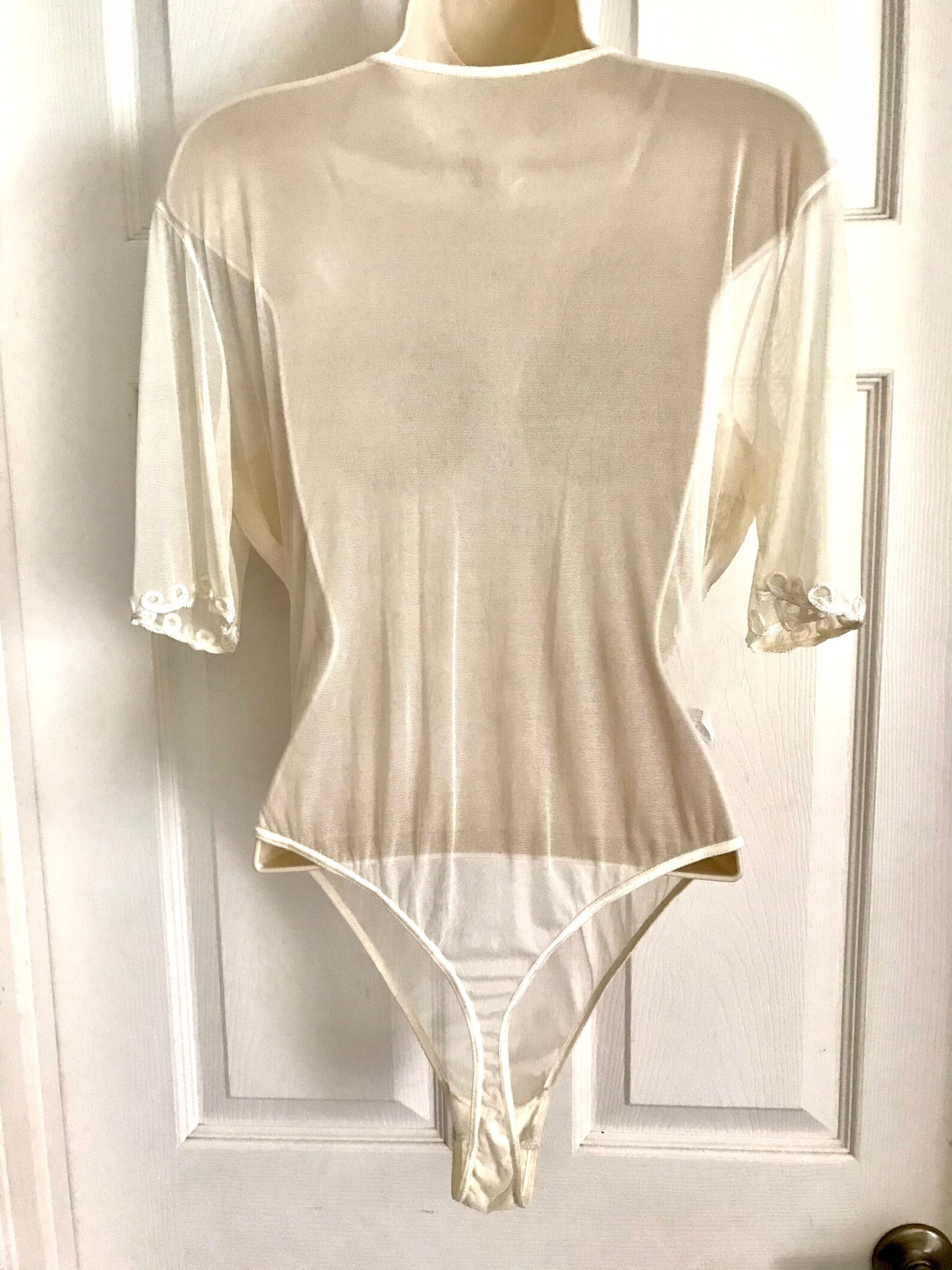 Sheer Teddy Body Suit With Snap Bottom, Ivory Net With Pearl ...